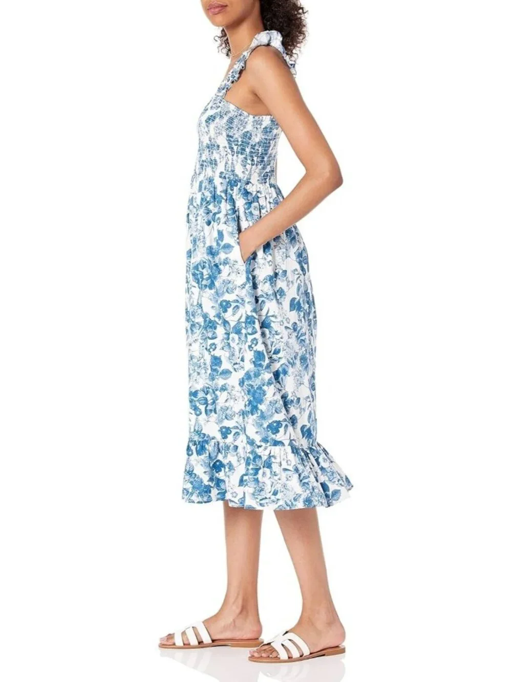 The Drop | Dresses | Small White Blue Floral Print Ruffled Shoulder ...